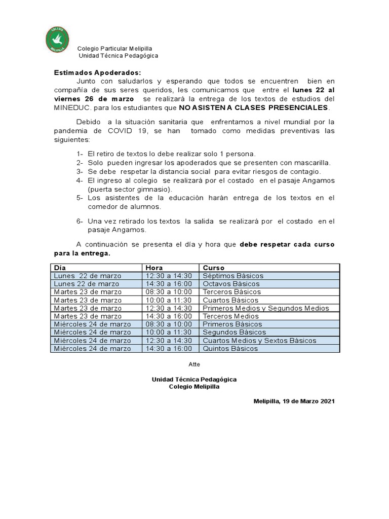 Comunicación Apoderados Entrega de Textos | PDF
