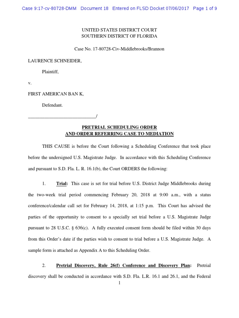 Pretrial Scheduling Order and Order Referring Case To Mediation ...