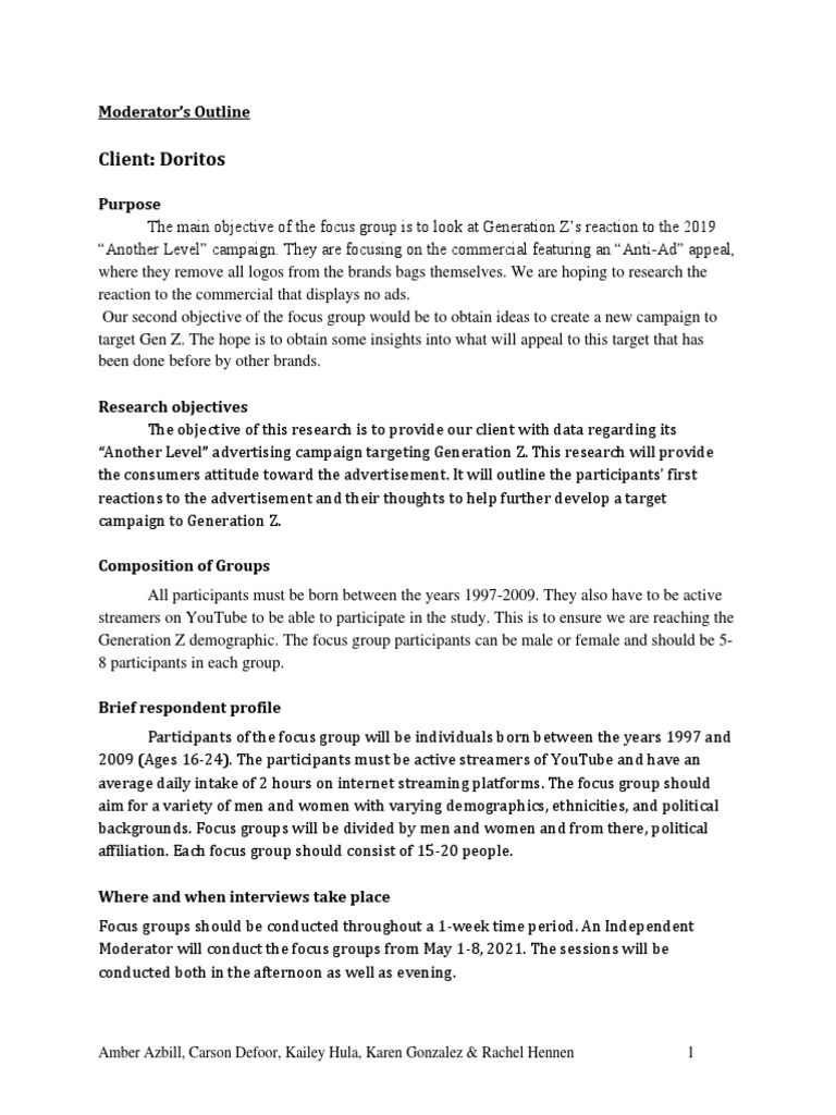 Moderators Outline and Questionaire - Doritos | PDF | Focus Group ...
