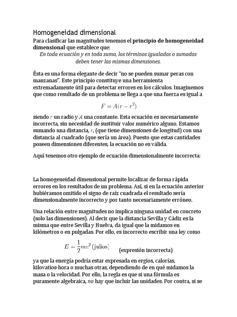 Principio de Homogeneidad Dimensional | PDF | Métodos y materiales de ...