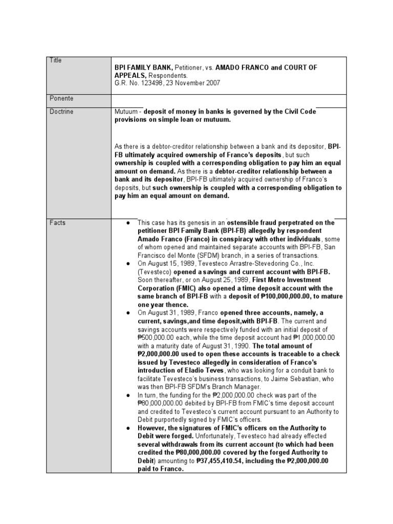 BPI Family Bank vs. Amado Franco Case Summary | PDF | Transaction ...