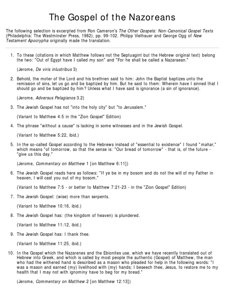 Variants in the Gospel of the Nazoreans | PDF | Gospel Of Matthew | Jerome