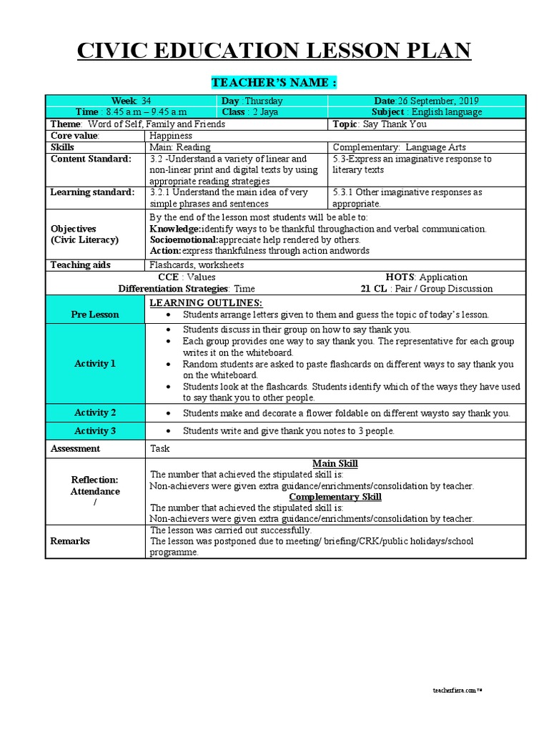 Civic Education Lesson Plan: Teacher'S Name | PDF | Lesson Plan | Teachers