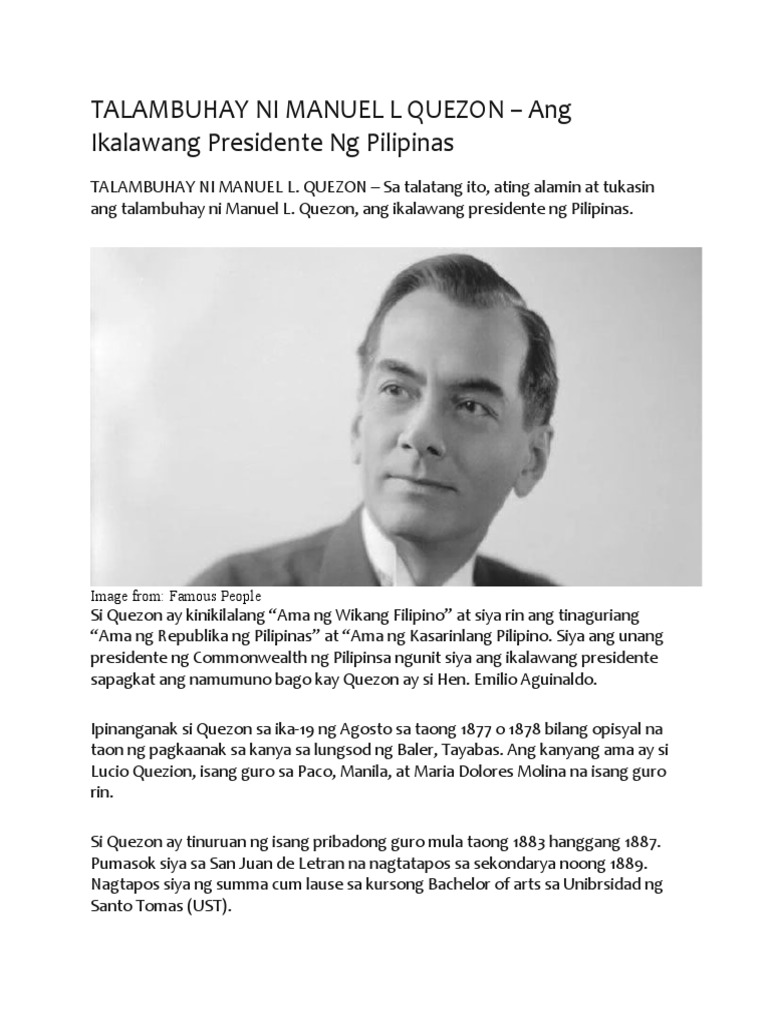 Talambuhay Ni Manuel L Quezon Talambuhay Ng Mga Bayani Ng Pilipinas