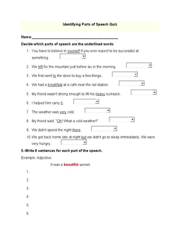 Identifying Parts of Speech Quiz | PDF