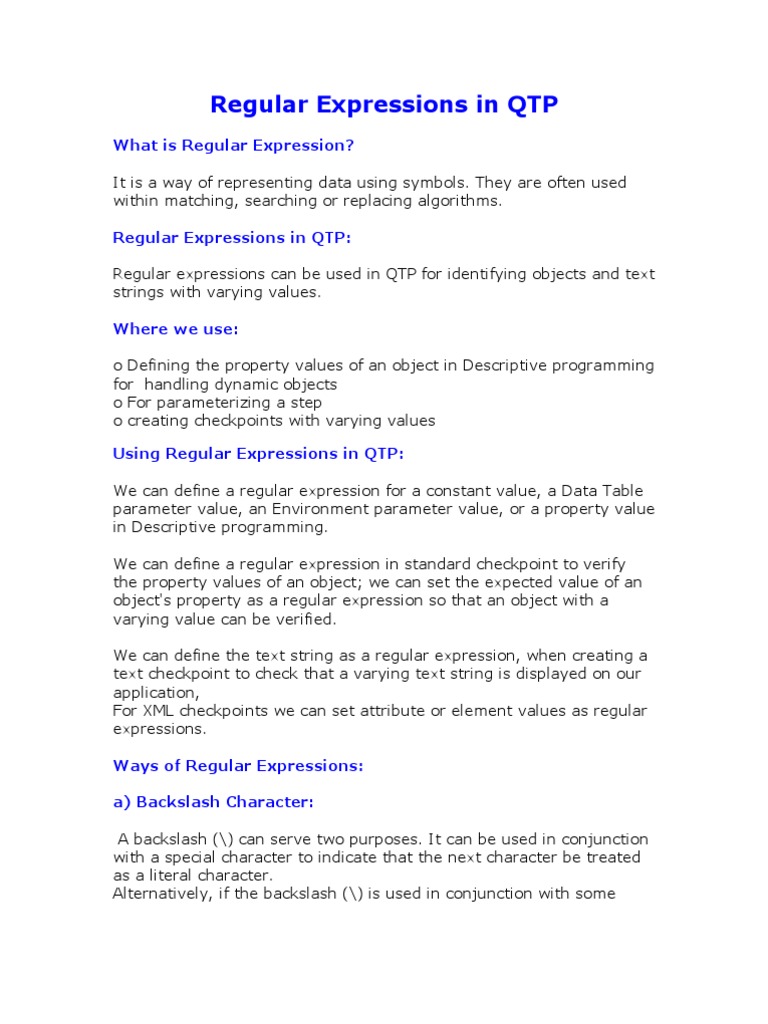 Regular Expressions In Qtp Pdf Regular Expression Object Computer Science