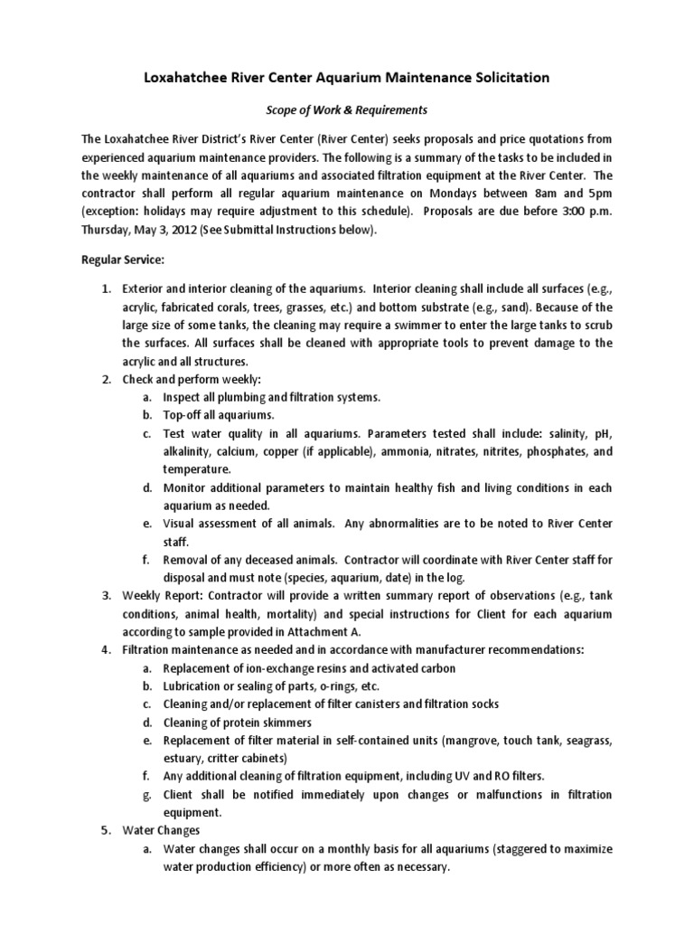 River Center Aquarium Maintenance Scope of Work | PDF | Aquarium | Water