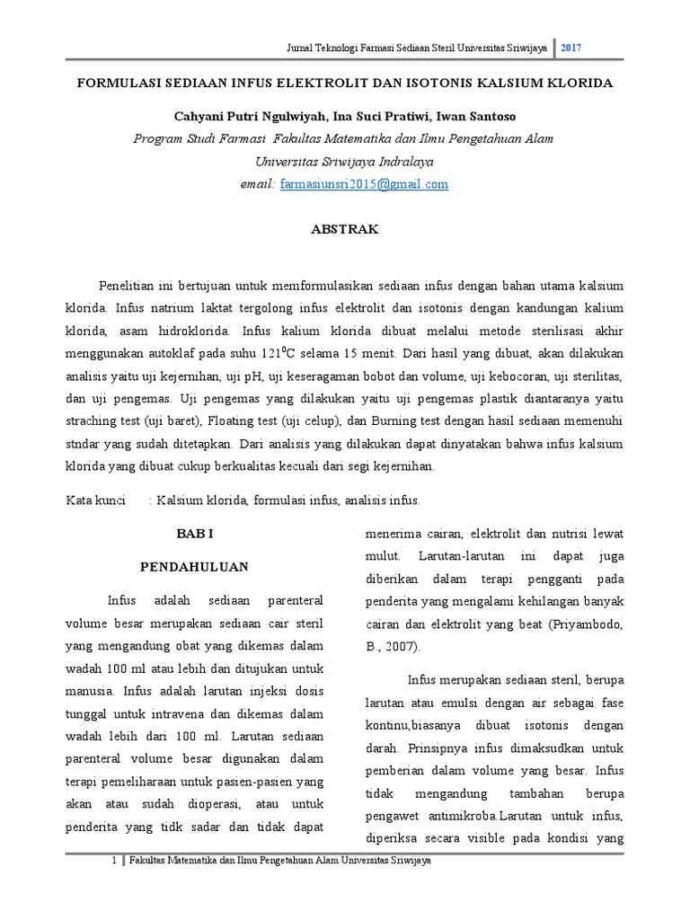 FORMULASI SEDIAAN INFUS ELEKTROLIT DAN ISOTONIS KALSIUM KLORIDAfixxx | PDF