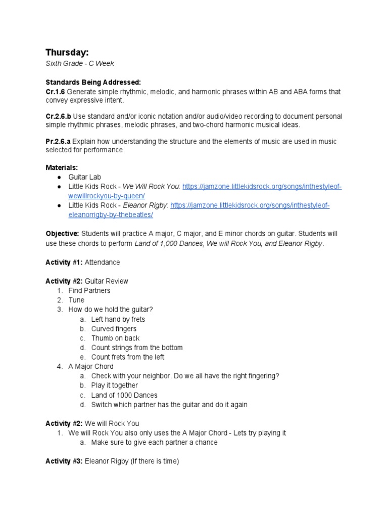 Artifact 2 Sixth Grade Lesson Plan | PDF | Guitars | Chord (Music)
