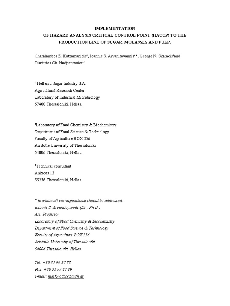 HACCP Implementation in Sugar Production | PDF | Hazard Analysis And ...