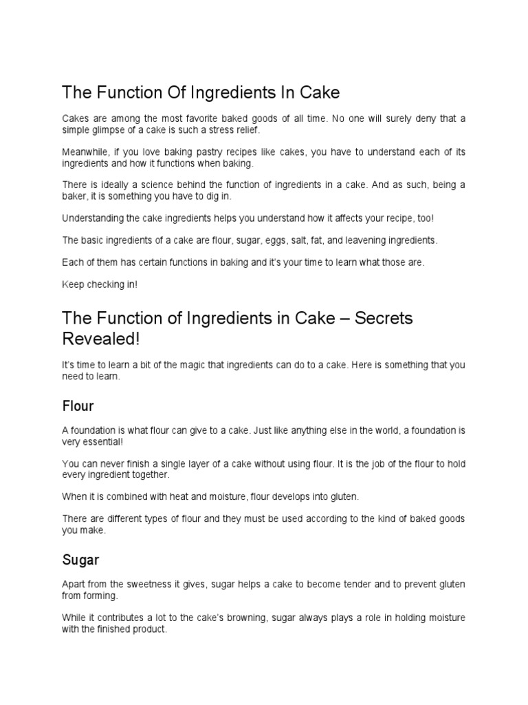 The Function of Ingredients in Cake | PDF | Cakes | Baking