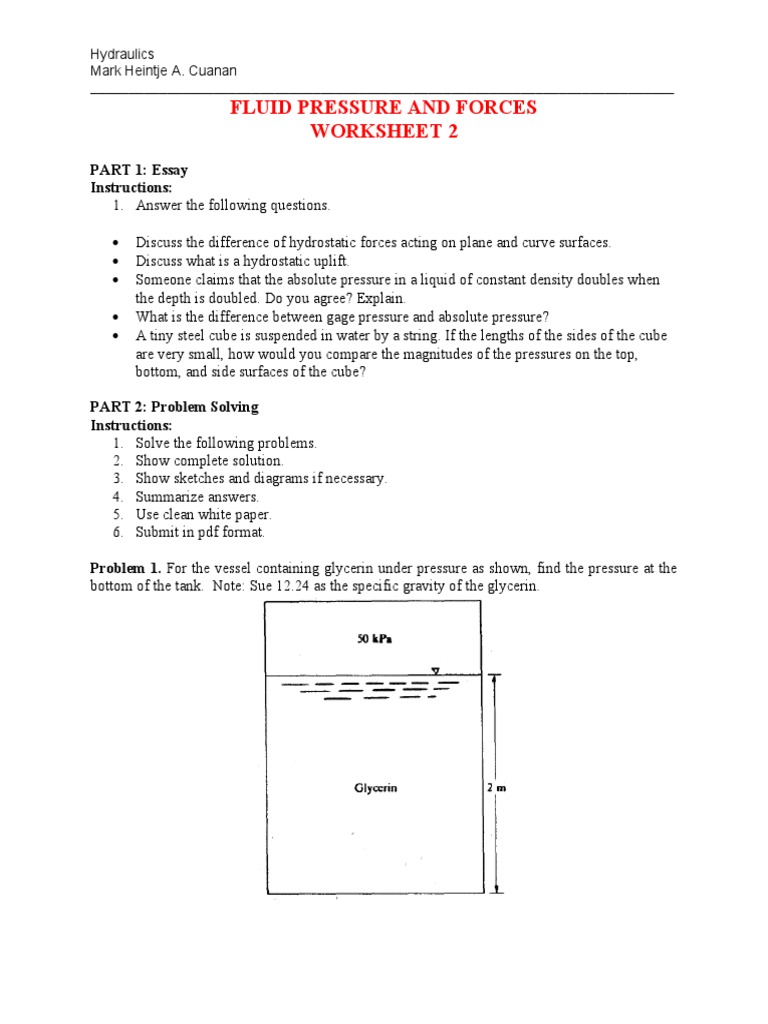 Fluid Pressure and Forces Worksheet 2: PART 1: Essay Instructions | PDF