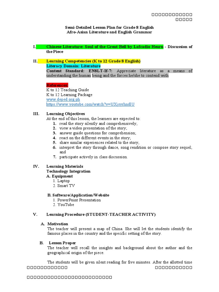 LP g8 Monday Week 4 | PDF | Reading Comprehension | Lesson Plan