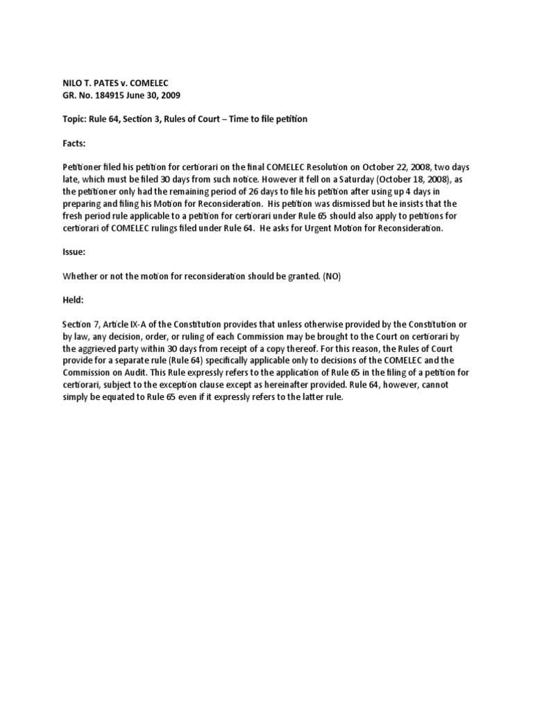 Rule 64 - #2 - Pates vs. COMELEC (BARDE) | PDF