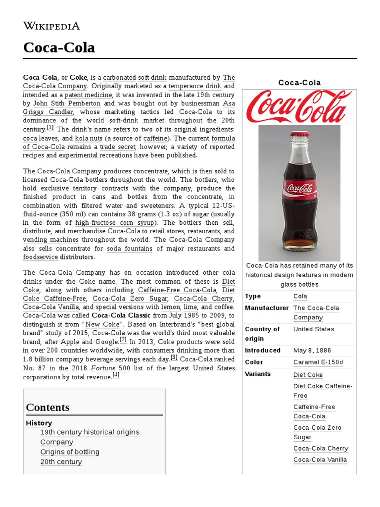 Coca-Cola: Coca-Cola, or Coke, Is A Carbonated Soft Drink Manufactured ...
