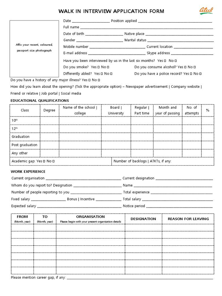 Walk-In Interview Application Form | PDF | Communication | Business