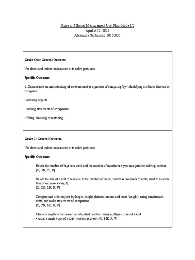 Grade 1/2 Measurement Unit Plan | PDF | Weight | Measurement