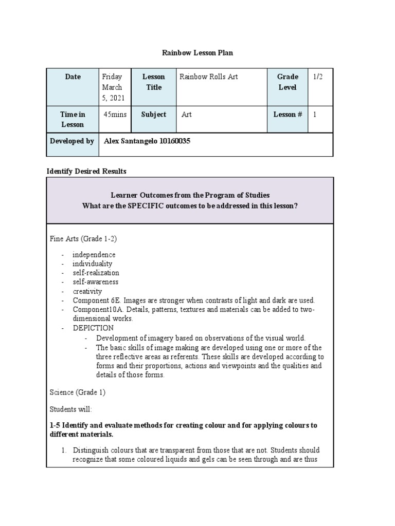 Rainbow Art Lesson Plan-2 | PDF | Educational Assessment | Lesson Plan
