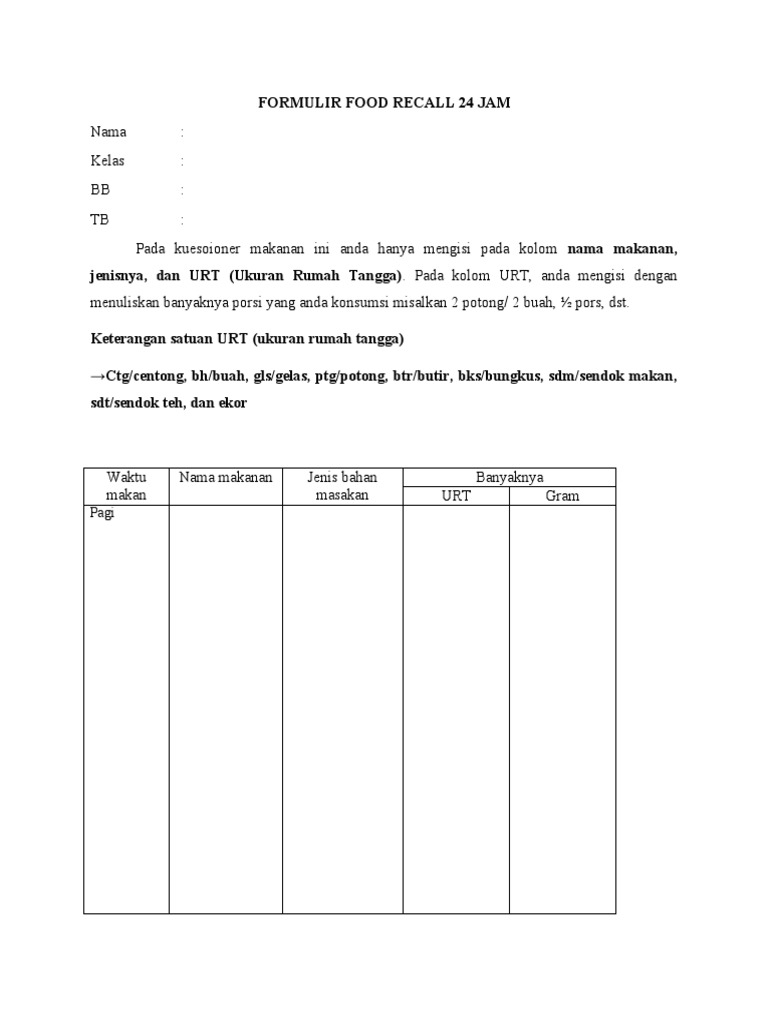 Formulir Food Recall 24 Jam | PDF