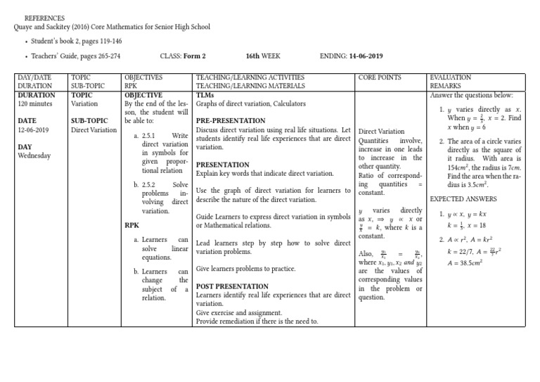 Direct Variation Lesson Notes | PDF | Learning | Teaching Mathematics