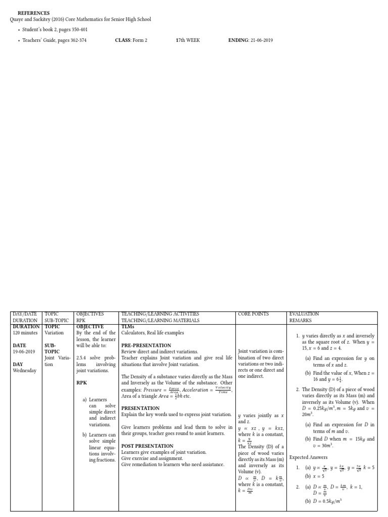 Joint Variation Lesson | PDF | Density | Physics