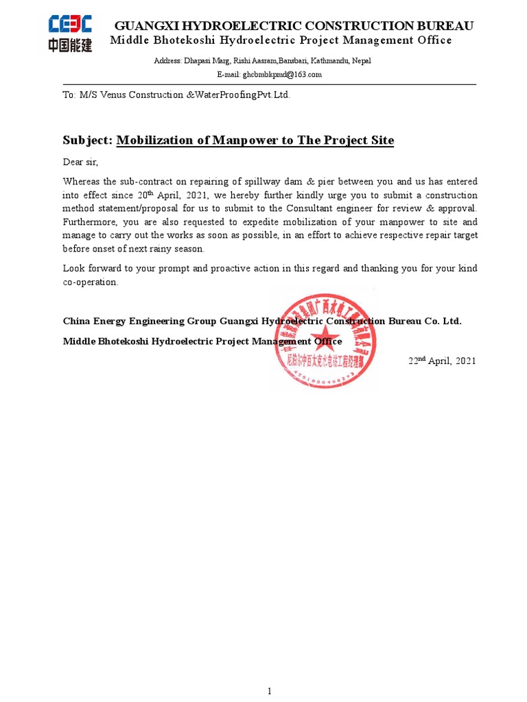 Mobilization of Manpower To The Project Site | PDF