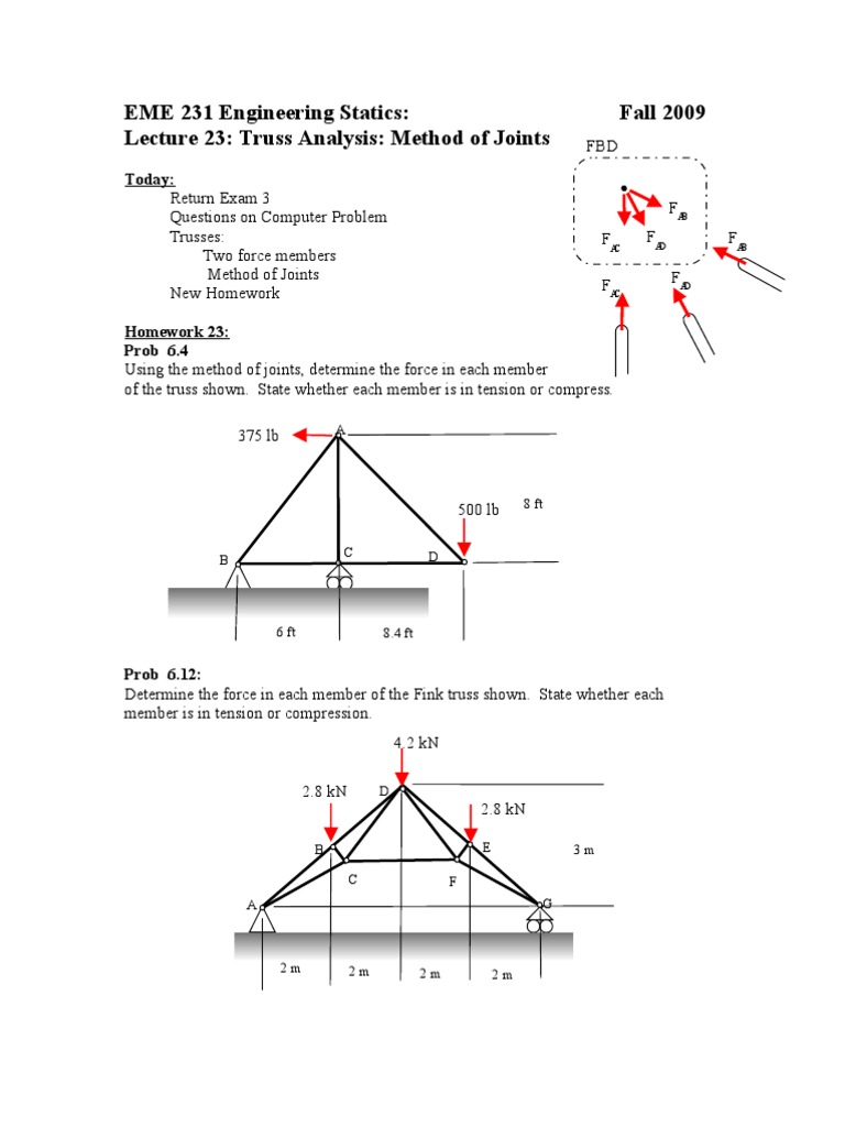 EME231 - Lecture23Trusses - Method of Joints | PDF | Truss | Mechanical Engineering