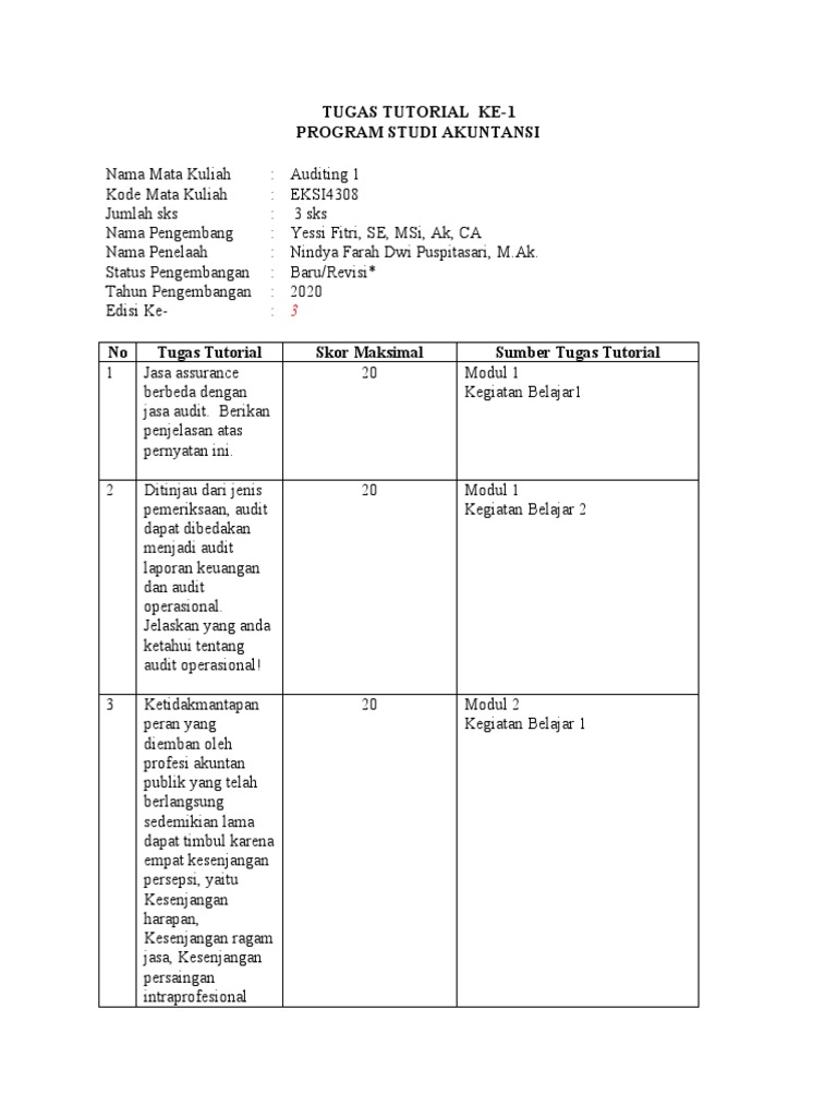 TUGAS TUTORIAL KE 1 Auditing 1 | PDF | Karier & Perkembangan | Bisnis