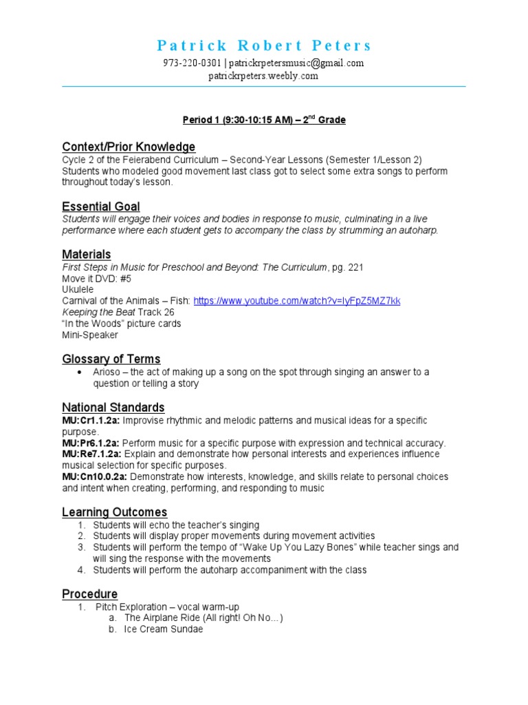 2nd Grade Feierabend Music Lesson Plan | PDF | Singing | Curriculum
