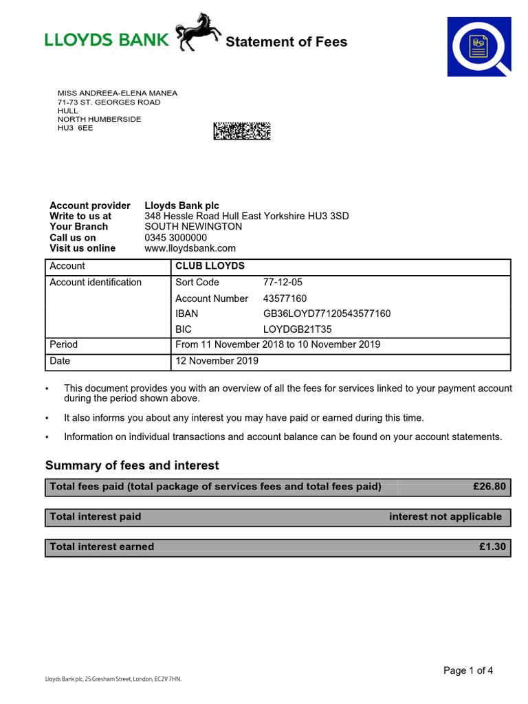 Statement of Fees | PDF | Overdraft | Fee