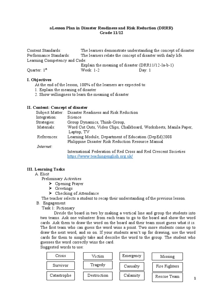 Alesson Plan in Disaster Readiness and Risk Reduction (DRRR) Grade 11/12 | PDF | Lesson Plan ...