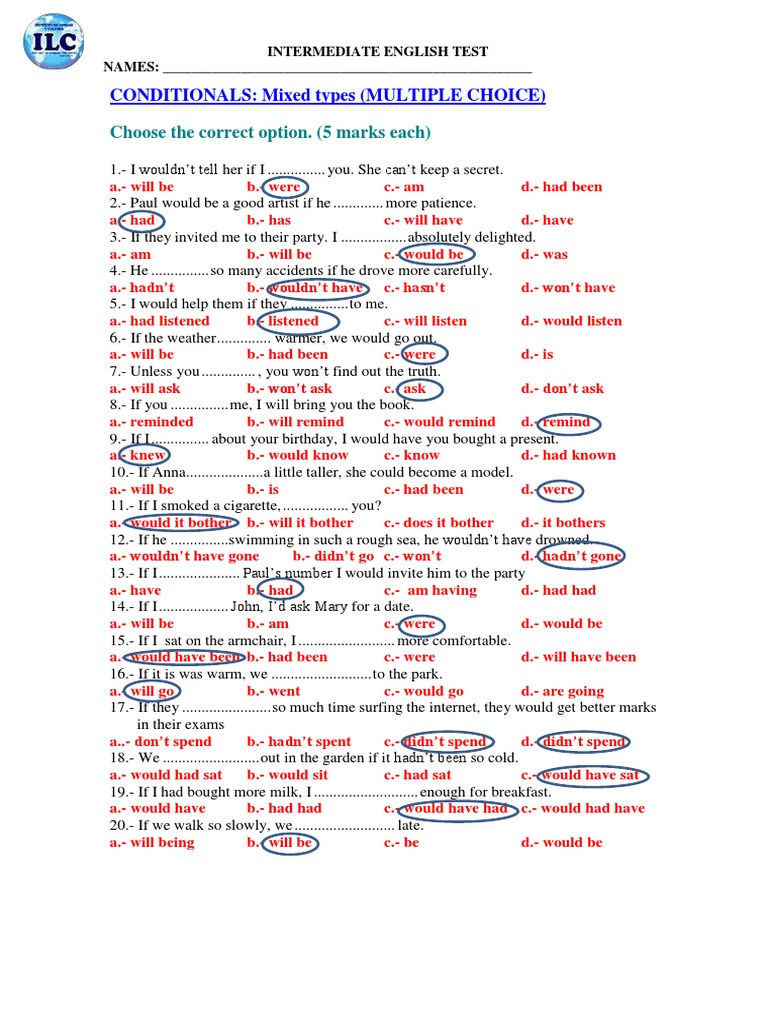 Intermediate English Test-Conditionals-Answers | PDF | Multiple Choice