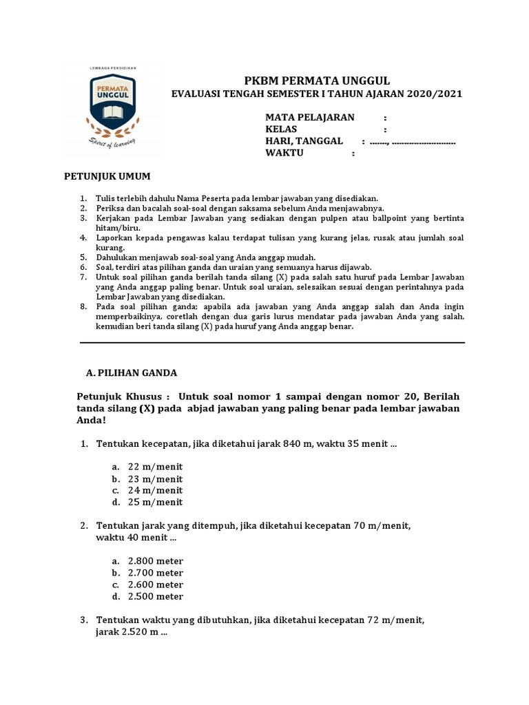 Soal Ujian Modul Tema 8 Matematika. PKBM PERMATA UNGGUL | PDF