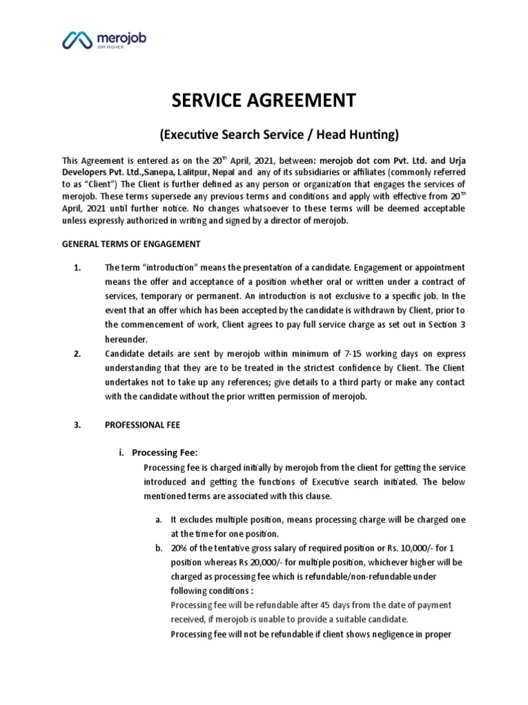 Executive Search Service - Agreement | PDF | Fee | Salary