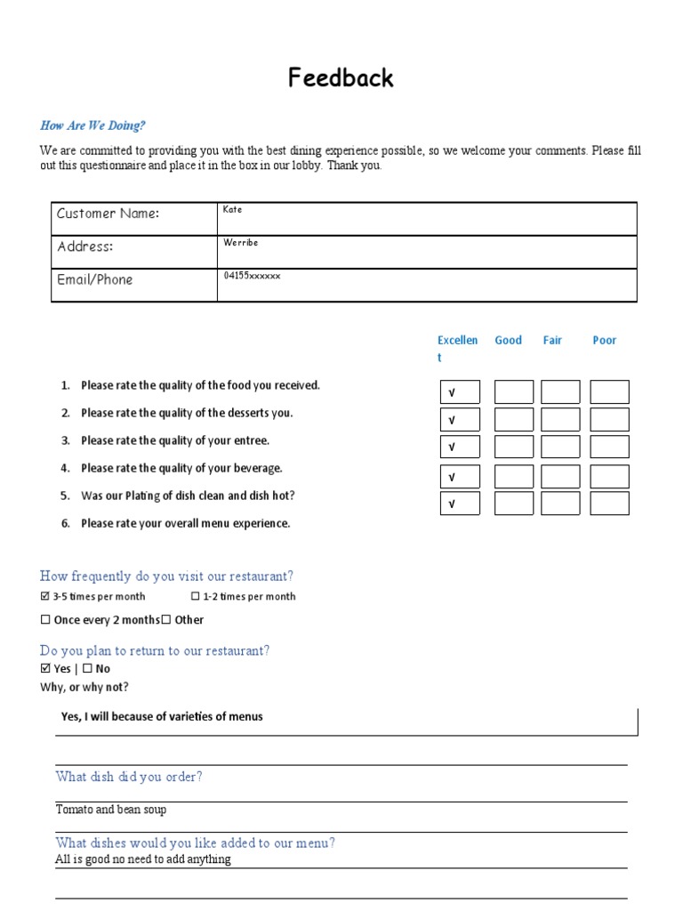 Restaurant Feedback Questionnaire | PDF | Wellness | Lifestyle