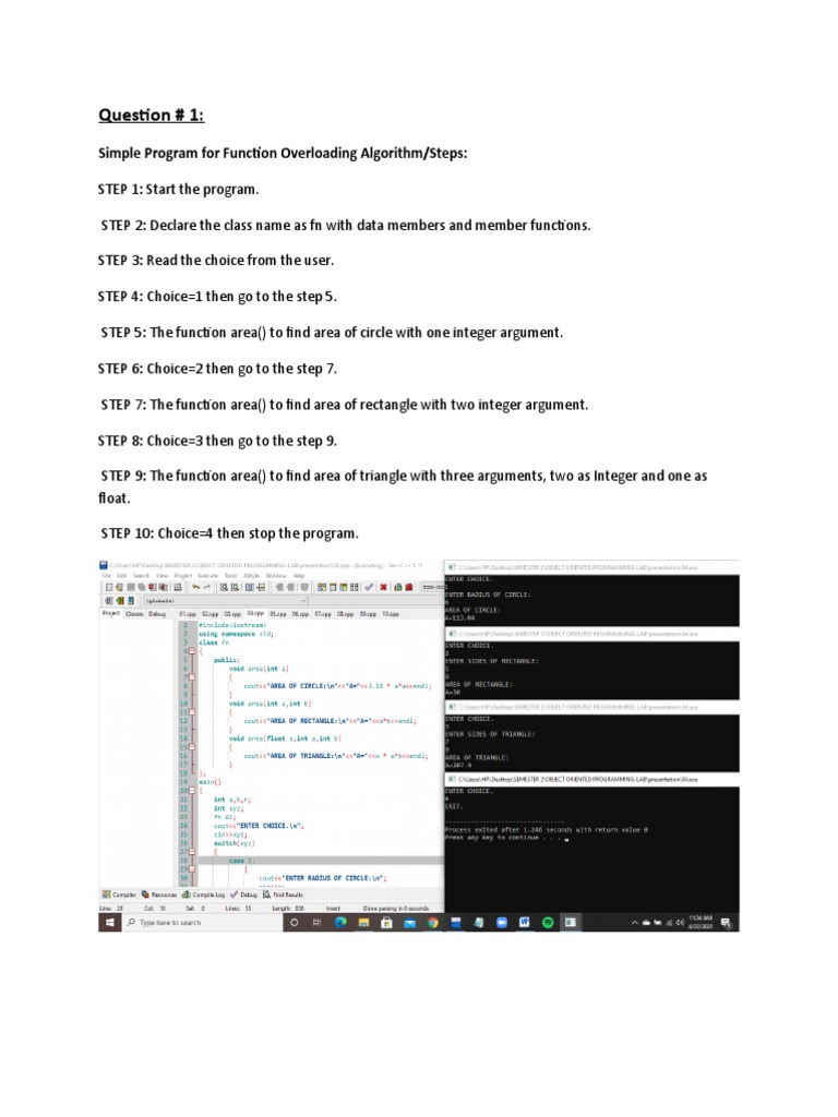 Question 1 Simple Program For Function Overloading Algorithm Steps
