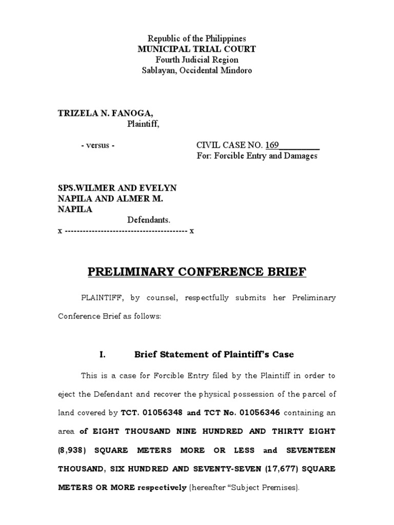 Preliminary Conference Brief in the Case of Trizela N. Fanoga v. Sps ...