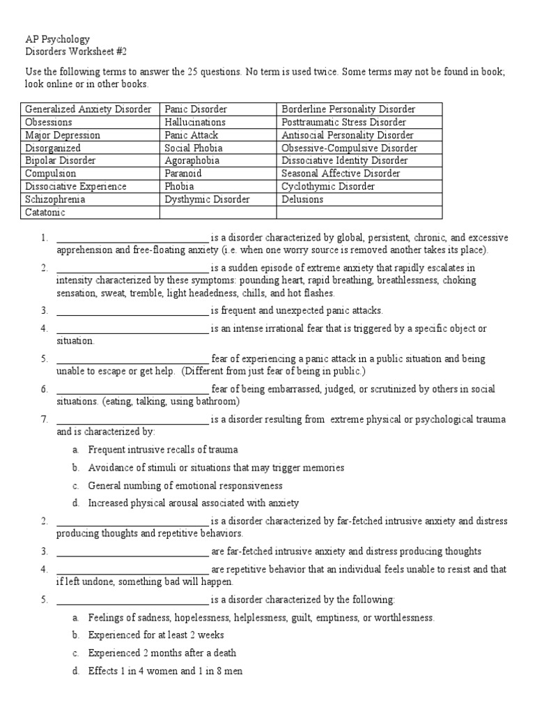 AP Psychology Disorders Worksheet #2 | PDF | Mental Disorder | Anxiety ...