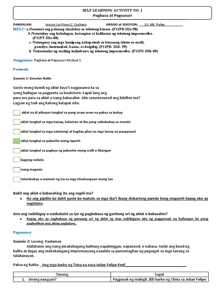 CUCHARO Pagbasa at Pagsusuri SLA 1 | PDF