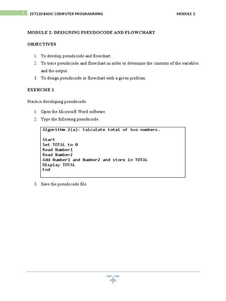 Module 2: Designing Pseudocode and Flowchart Objectives | PDF ...