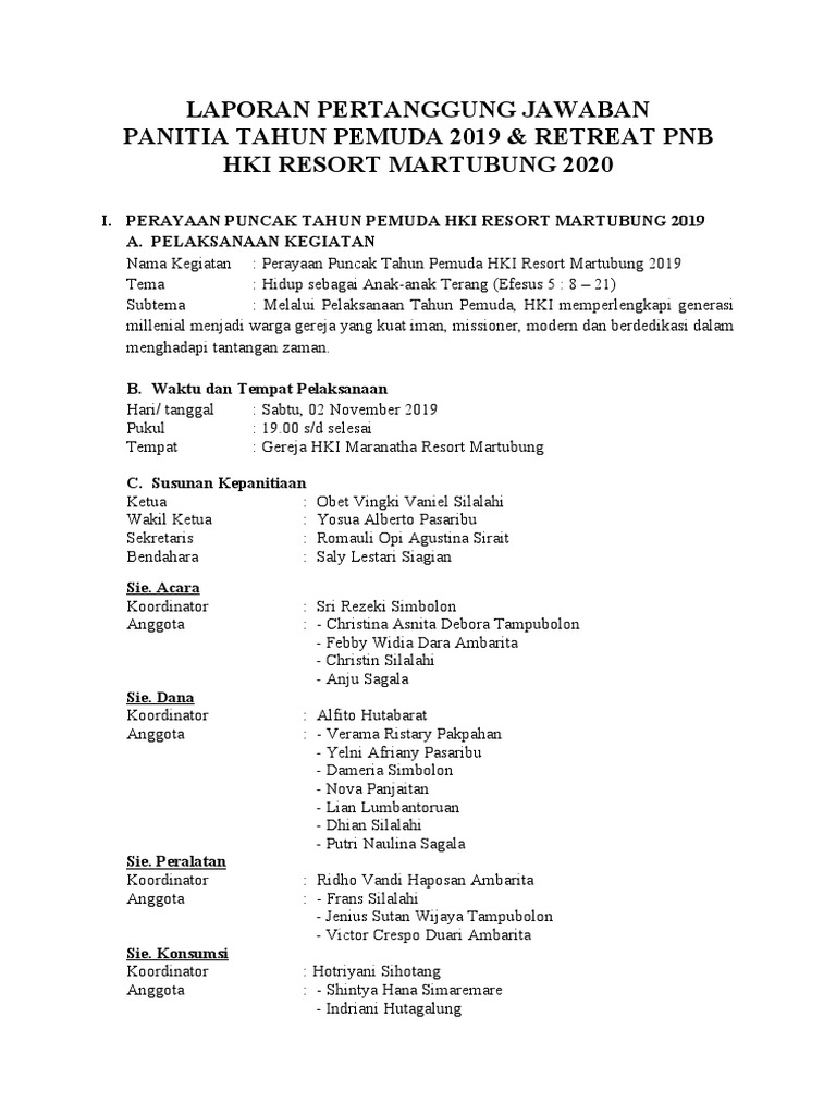 Laporan Pertanggung Jawaban Panitia Tahun Pemuda 2019 & Retreat PNB Hki Resort Martubung 2020 | PDF