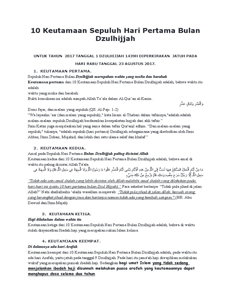 10 Keutamaan Sepuluh Hari Pertama Bulan Dzulhijjah Dan Lain-Lain. | PDF