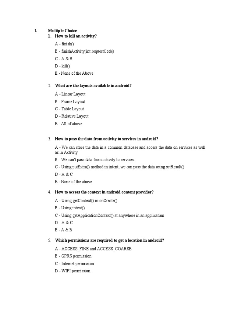 I. Multiple Choice 1. How To Kill An Activity? | PDF | Sql | Data Management Software
