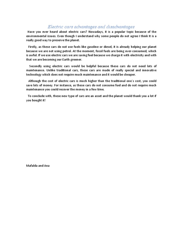 Electric Cars Advantages and Disadvantages | PDF