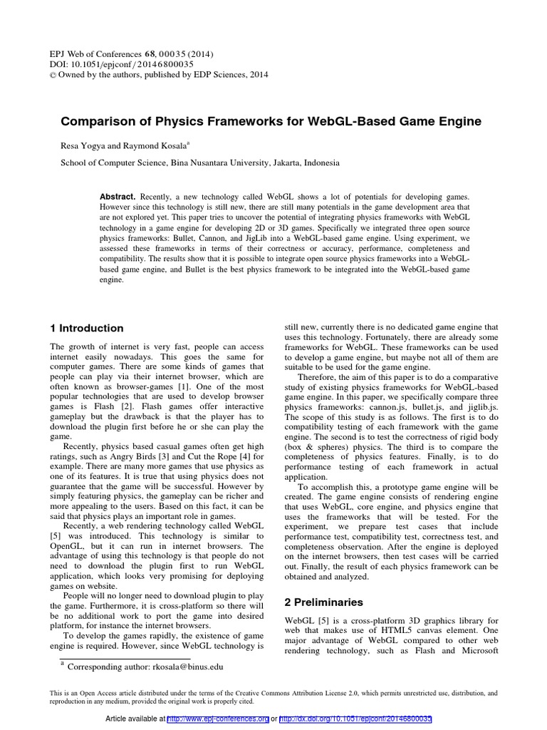 Comparison of Physics Frameworks For Webgl-Based Game Engine | PDF ...