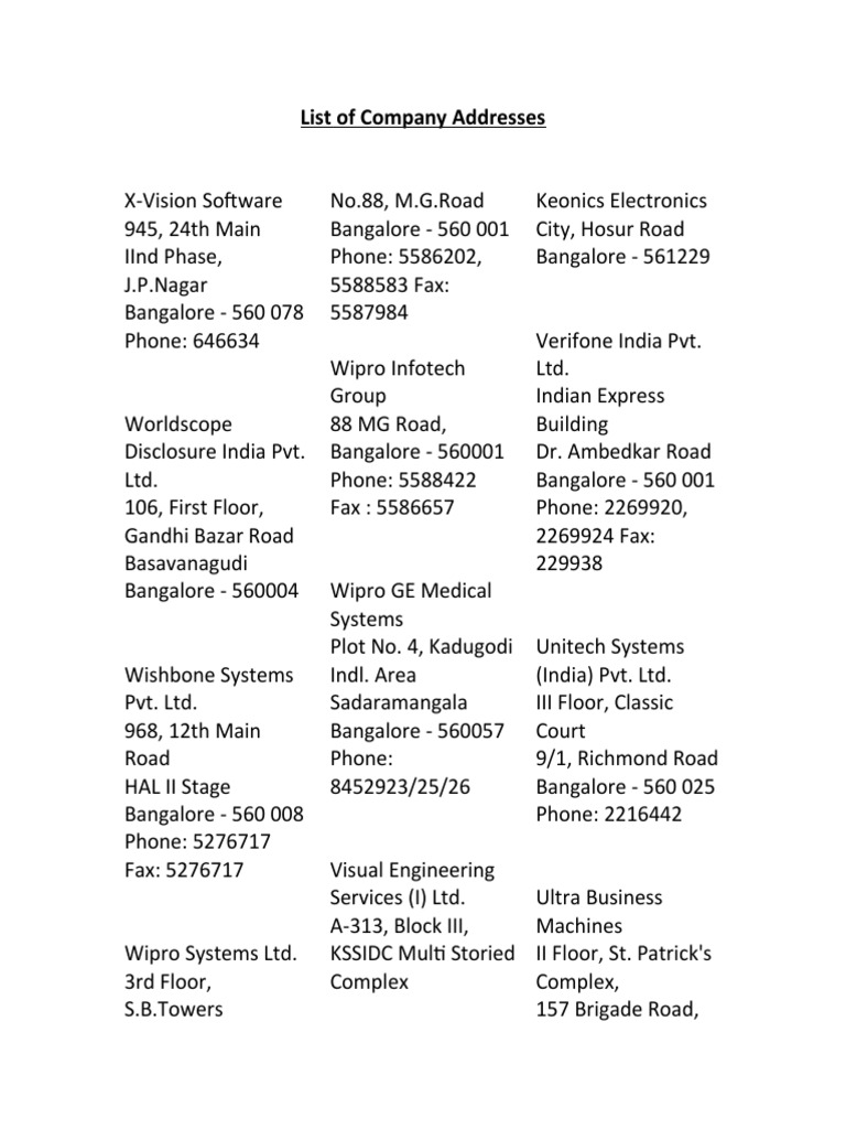 Company Contact List in Bangalore | PDF | Bangalore | Information And ...