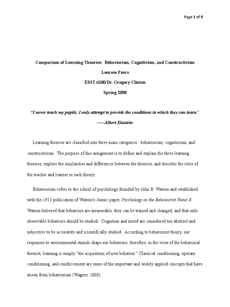 Comparison of Learning Theories Behaviorism Cog | PDF | Behaviorism ...