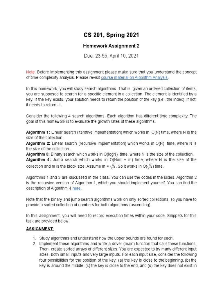 Cs 201 Spring 2021 Homework Assignment 2 Pdf Algorithms Subroutine