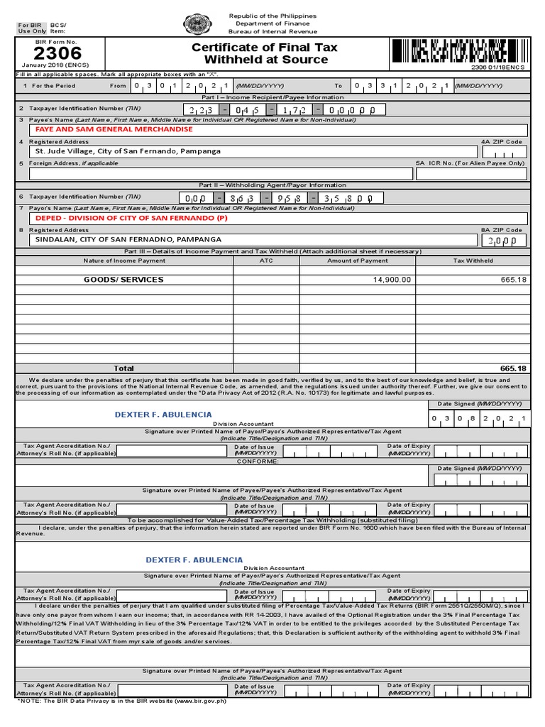 Certificate of Final Tax Withheld at Source: Faye and Sam General ...