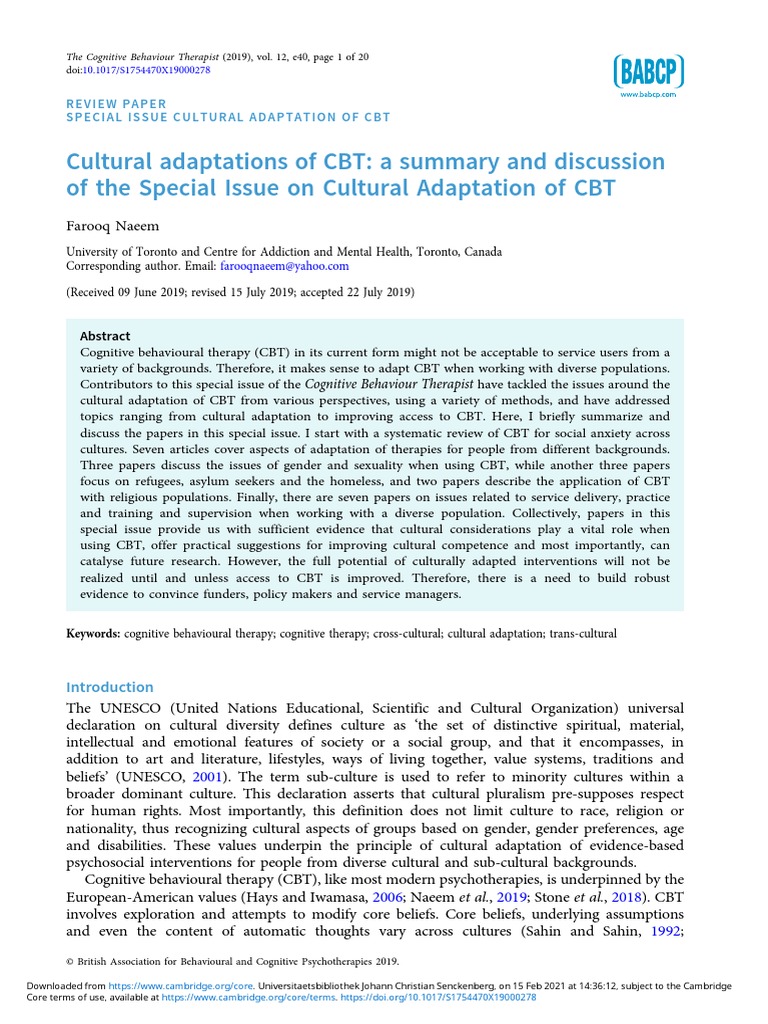 Cultural Adaptations of CBT A Summary and Discussion of The Special ...